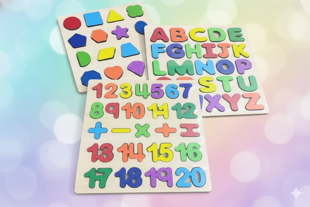 Wooden Alphabet, Numbers & Shapes Puzzle Set for Kids – Little Peepers